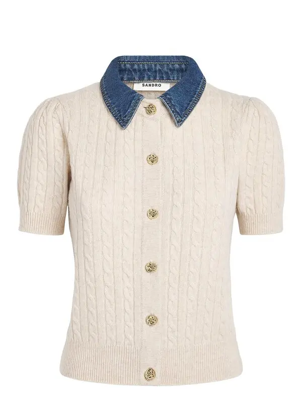 Sandro Wool-cashmere Cardigan With Denim Collar - Beige