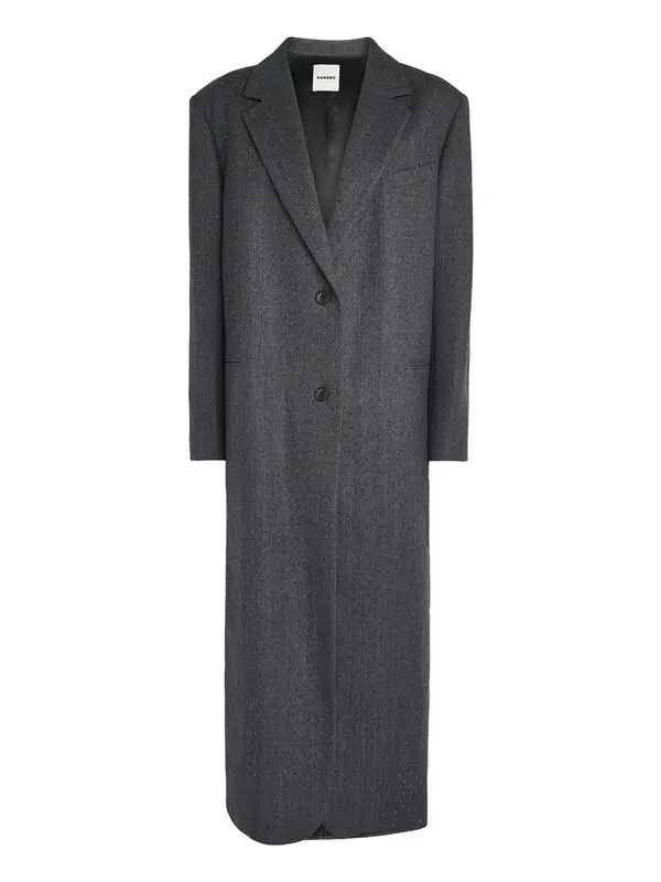 Sandro Wool Rhinestone Long Coat - Black