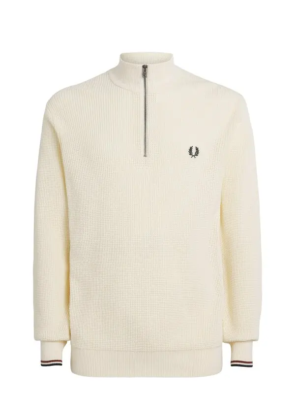 Fred Perry Cotton Waffle-knit Quarter-zip Sweatshirt - Ivory
