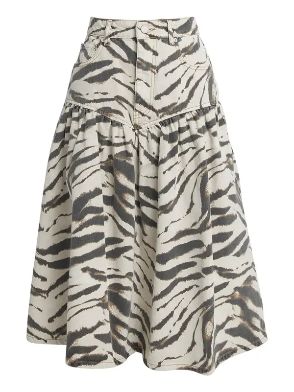 GANNI Zebra Denim Midi Skirt - Ivory