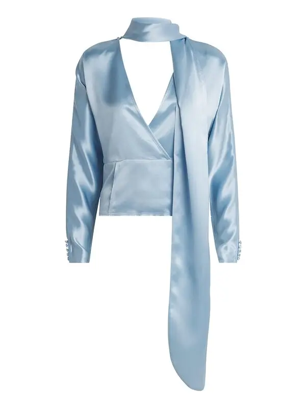 GANNI Satin Blouse With Scarf Detail - Blue