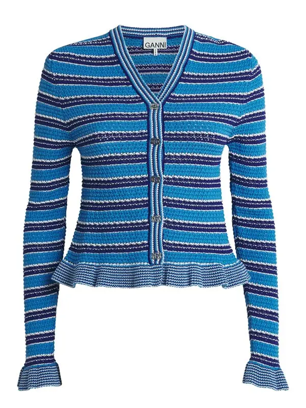 GANNI Cotton Stripe Cropped Cardigan - Blue
