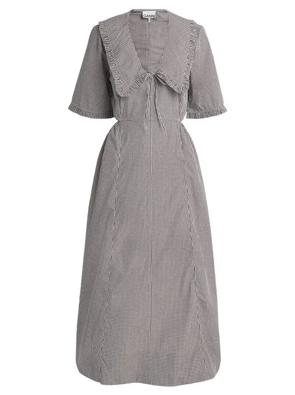 GANNI Cotton Gingham Midi Dress - Grey