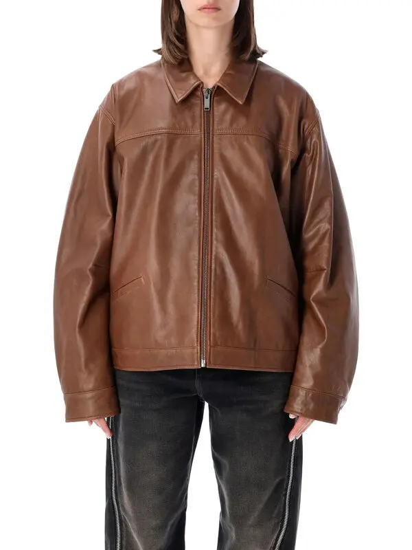 HAIKURE Silky Leather Cropped Jacket For With Boxy Fit & Adjustable Waist - Marrone