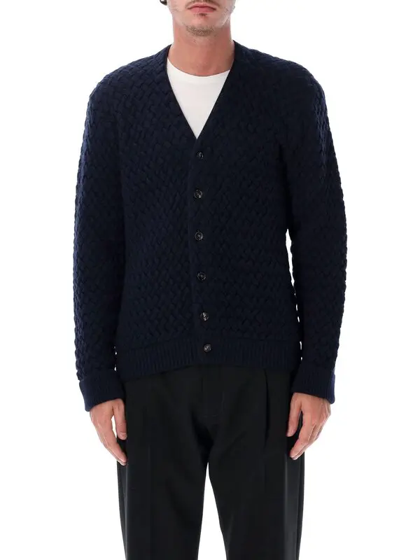 Bottega Veneta Intrecciato Textured Wool V-neck Cardigan - Blue
