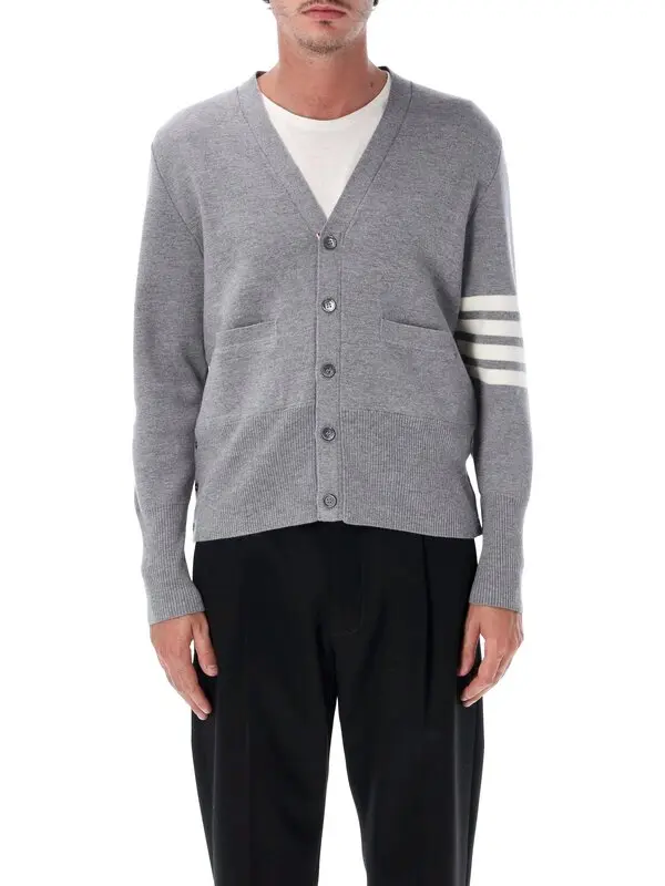 Thom Browne 100% Virgin Wool V-neck Cardigan With Signature Stripes - Lt Grey