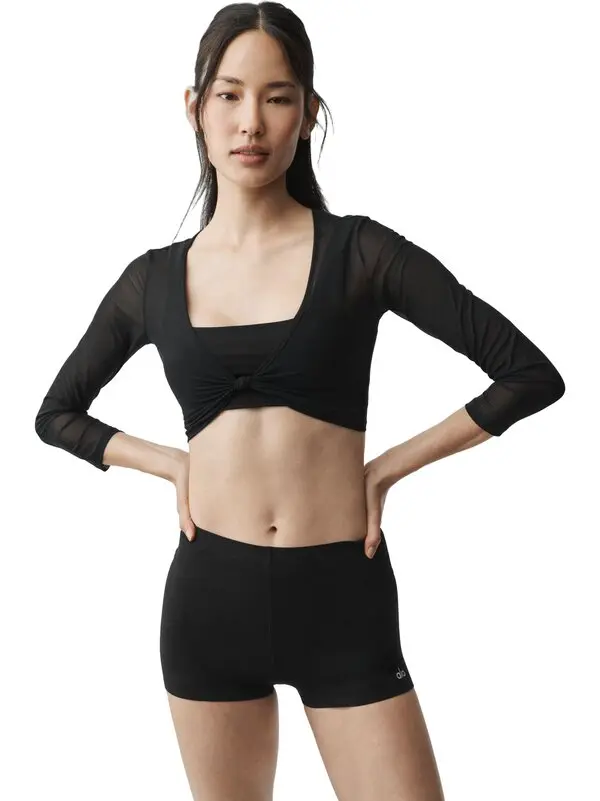 Alo Yoga Mesh Knot Detail 3/4 Sleeve Cropped Top - Black