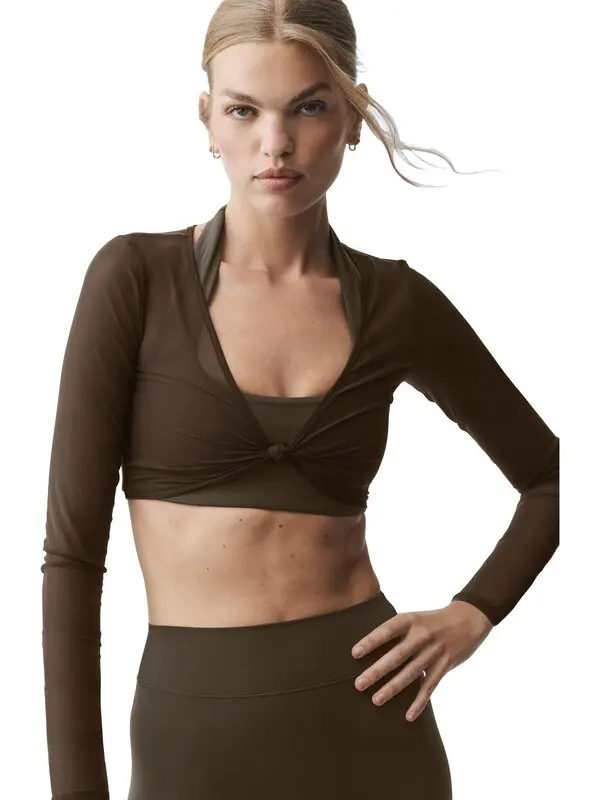 Alo Yoga Mesh Knot Detailing Cropped Long Sleeve Top - Espresso