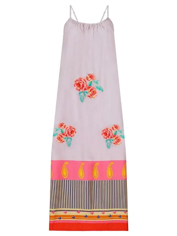 DHARA SHETH, DUBAI The Floral Archive Rose Print Spaghetti Strap Cotton Maxi Dress Purple & Multicolor - Pink