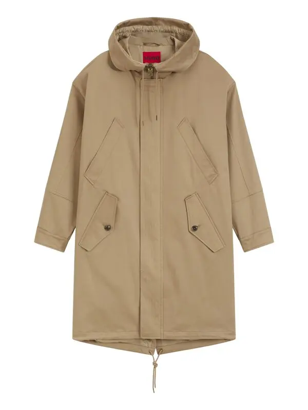 Hugo Water-repellent Parka In Stretch-cotton Satin - Beige