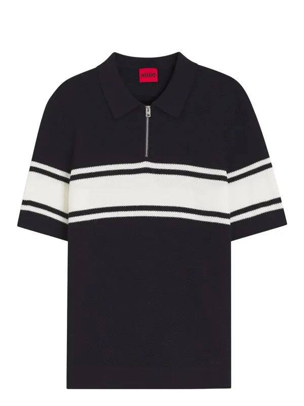 Hugo Zipper Neck Knit Polo With Block Stripes - Dark Blue