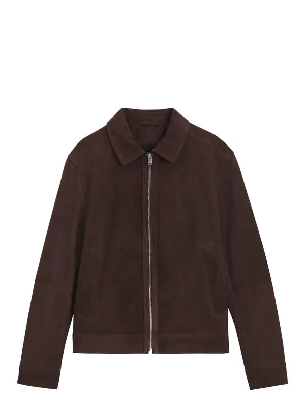 BOSS Suede Leather Zip-up Jacket With Pointed Collar - Dark Brown