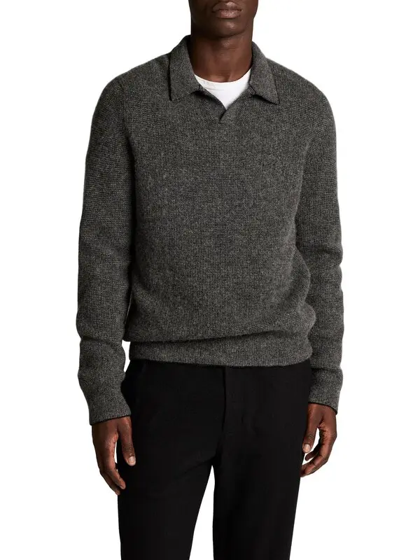 Vince Johnny Collar Thermal Cashmere Sweater - Black/medium Heather Grey