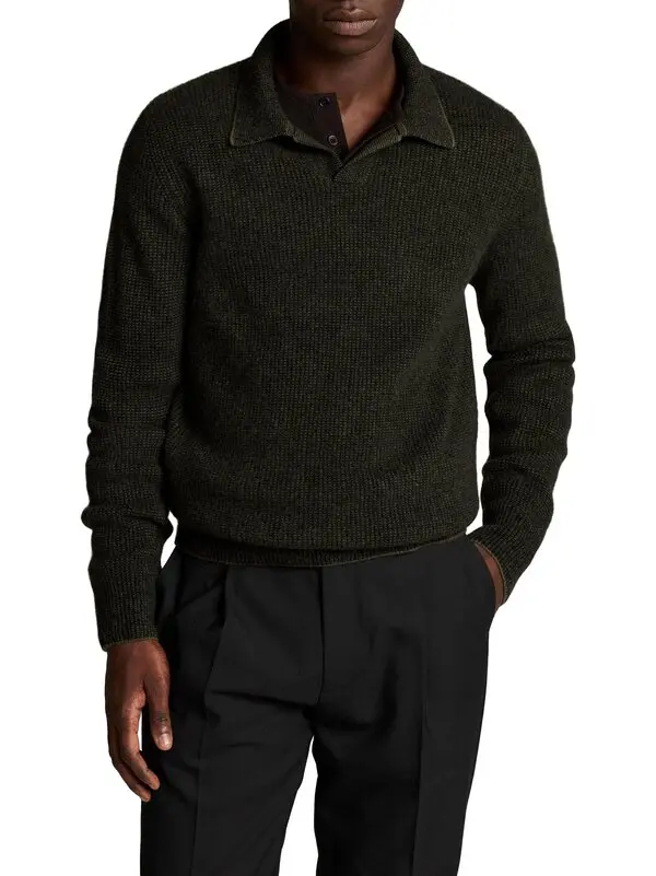 Vince Johnny Collar Thermal Cashmere Sweater - Night Leaf/black