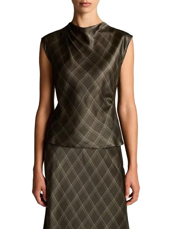 Vince Diamond Plaid Silk Draped Cowl-neck Top - Dark Moss/sage