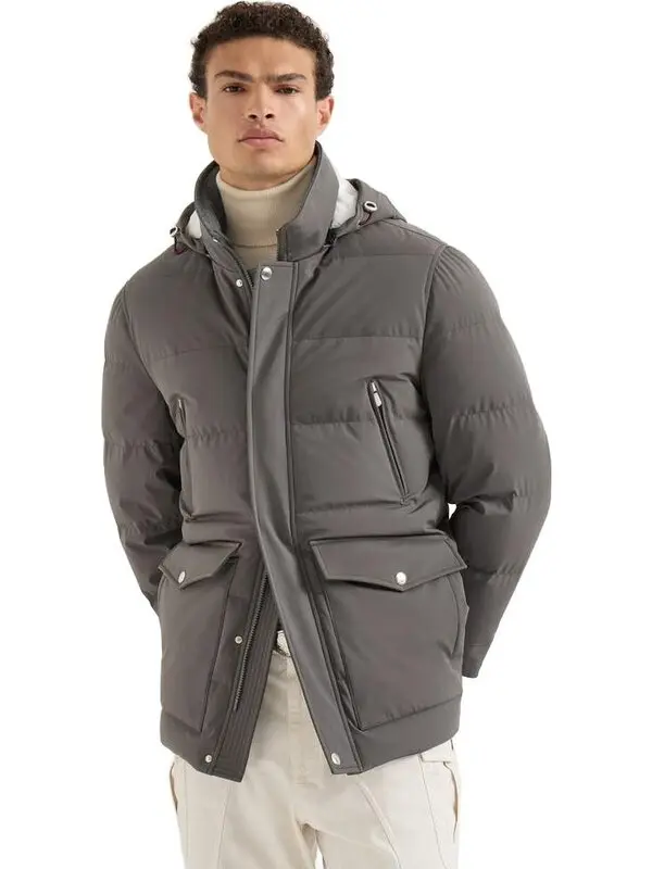 Brunello Cucinelli Stretch Bonded Nylon Down Parka With Detachable Hood - Lead