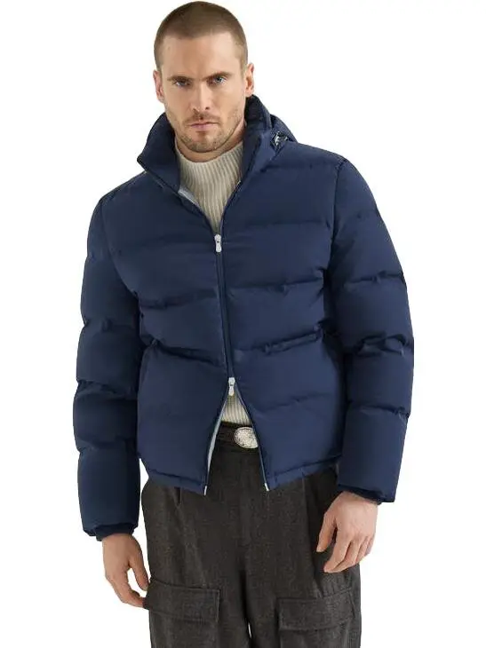 Brunello Cucinelli Stretch Bonded Nylon Down Jacket With Detachable Hood - Blue