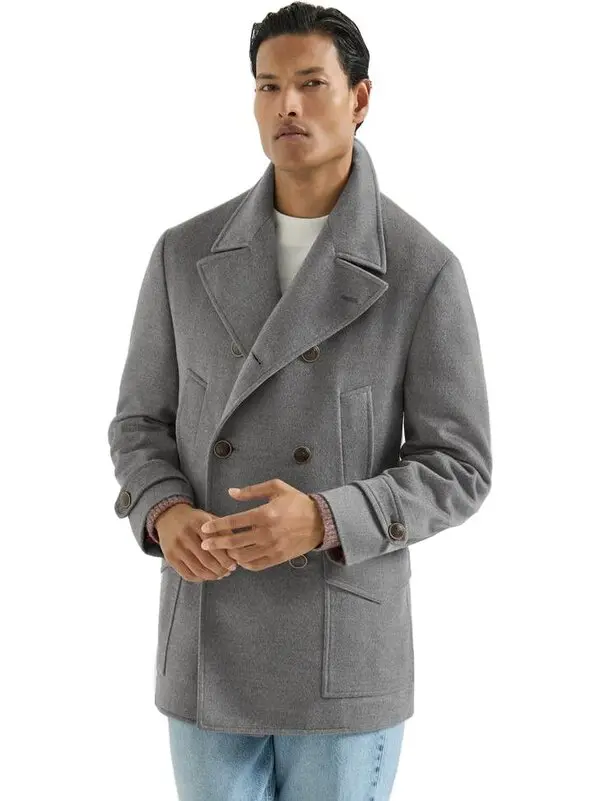 Brunello Cucinelli Virgin Wool Double-breasted Pea Coat With Notched Lapel - Grey