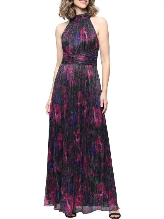 SL FASHIONS Halter Neck Printed Maxi Gown - Pink Multi