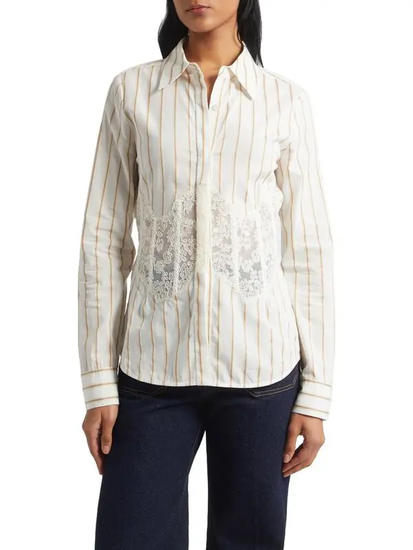 Ramy Brook Alana Lace Inset Striped Shirt - White Stripe