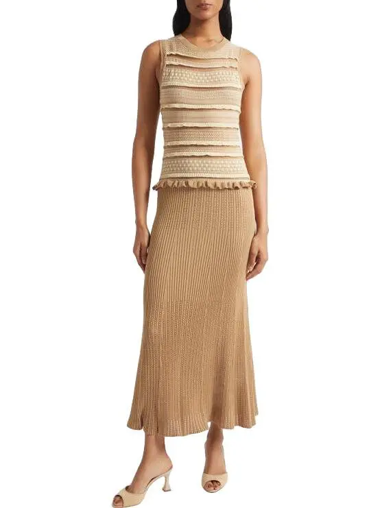 Ramy Brook Annie Ruffle Sleeveless Midi Dress - Camel/ivory Combo