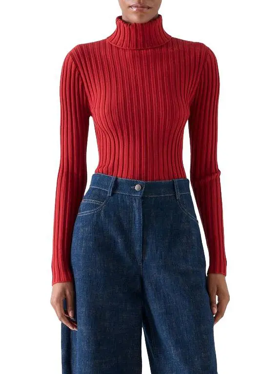 Akris Merino Wool Reverse Rib Knit Turtleneck Sweater - Rusty Red