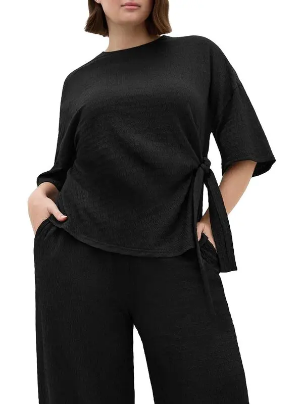 City Chic Brianna Texture Side Tie Top - Black