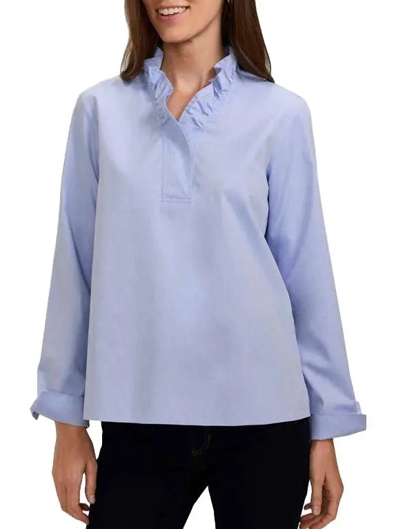 Foxcroft Tammy Cotton Popover With Ruffled Collar - Blue Wave