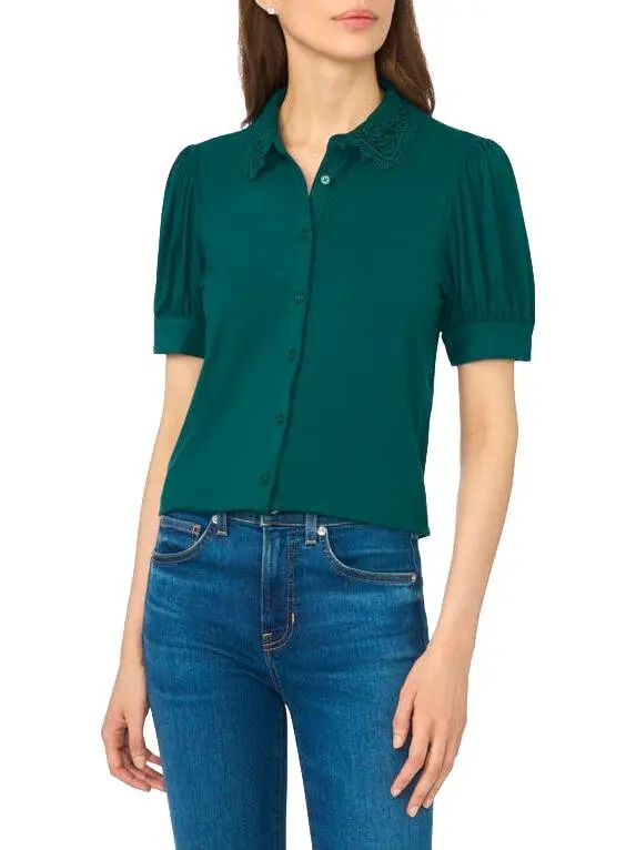 CECE DUPRAZ Scalloped Lace Collar Short Sleeve Shirt - Dark Forest