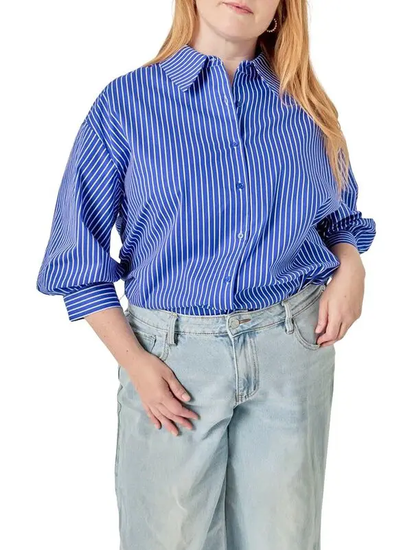 English Factory Striped Balloon Sleeve Shirt - Cobalt