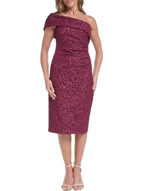 Eliza J Metallic Floral Jacquard One-shoulder Cocktail Sheath Dress - Wine