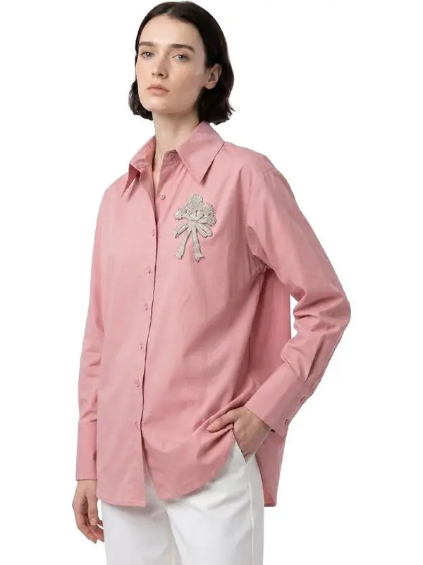 EXQUISE Fauve Long Sleeve Embroidered Cuffed Shirt - Pink