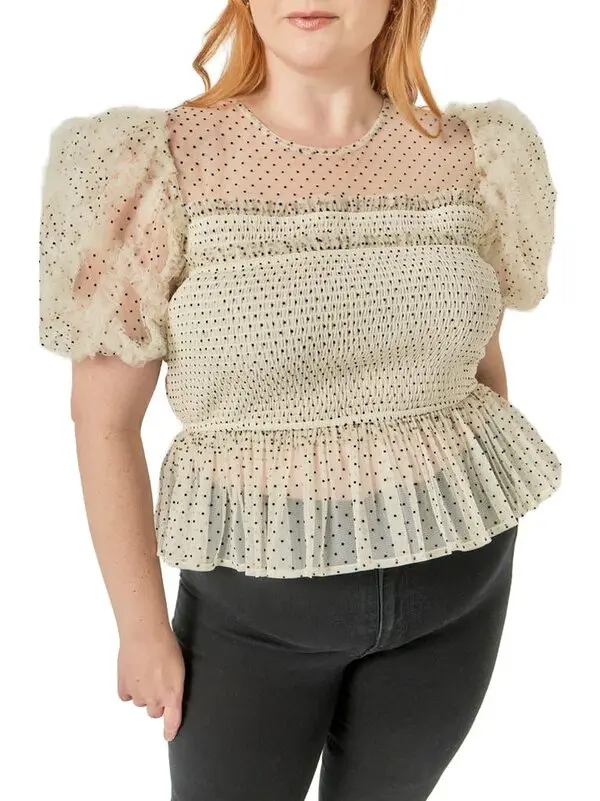 English Factory Polka Dot Smocked Puff Sleeve Top - White/black