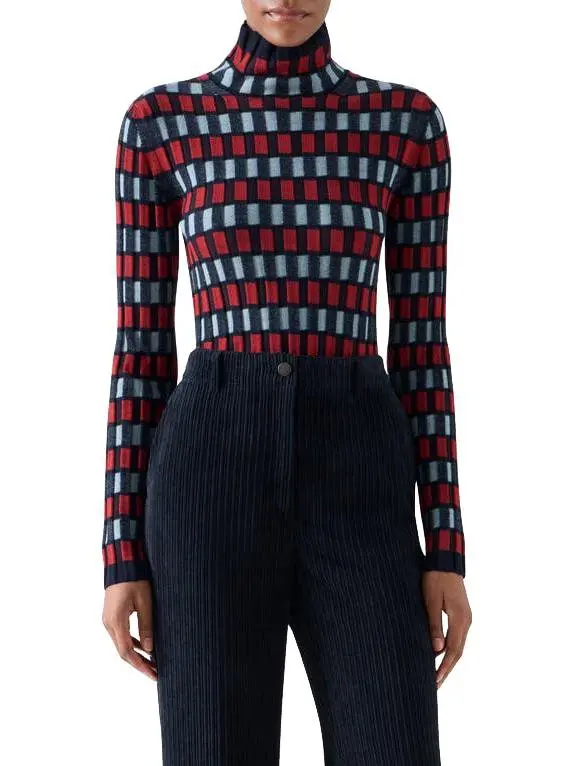 Akris Intarsia Check Wool Turtlneck Sweater - Navy-rusty Red-light