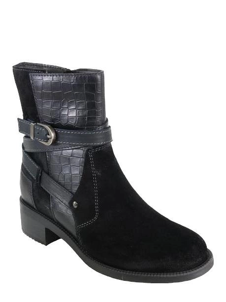 DAVID TATE Spenser Bootie With Croc Embossed Paneling And Buckled Straps - Black Leather