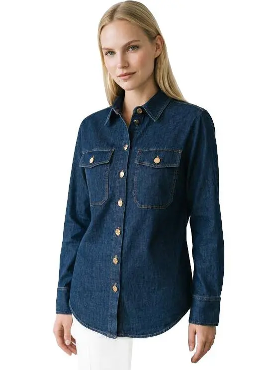 EXQUISE Duwayne Long Sleeve Snap Button Denim Shirt - Navy