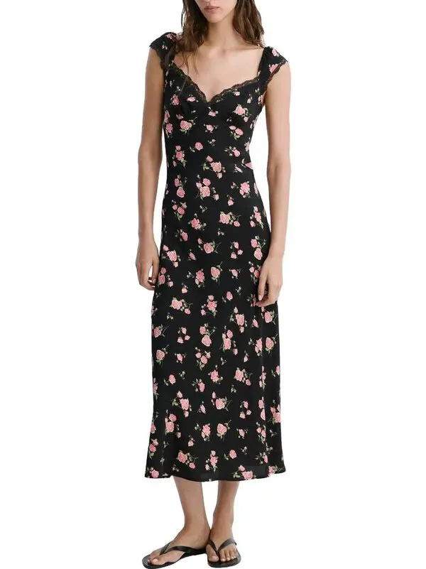 Mango Floral Lace Trim Midi Dress - Black