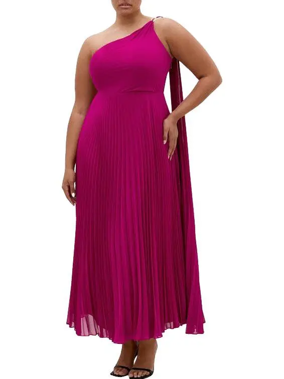 City Chic Eloura One-shoulder Pleated Maxi Dress - Framboise