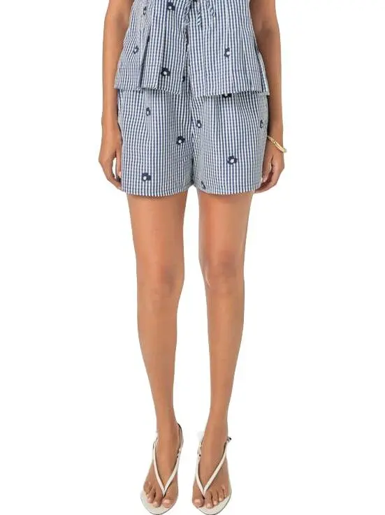 English Factory Embroidered Gingham Shorts - Navy
