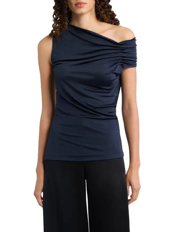 BOSS Asymmetrical Ruched Off-the-shoulder Jersey Top - Sky Captain