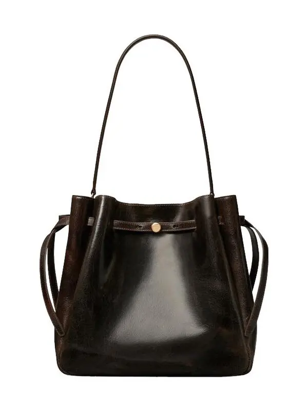 Tory Burch Romy Distressed Large Leather Bucket Bag - Dark Brown