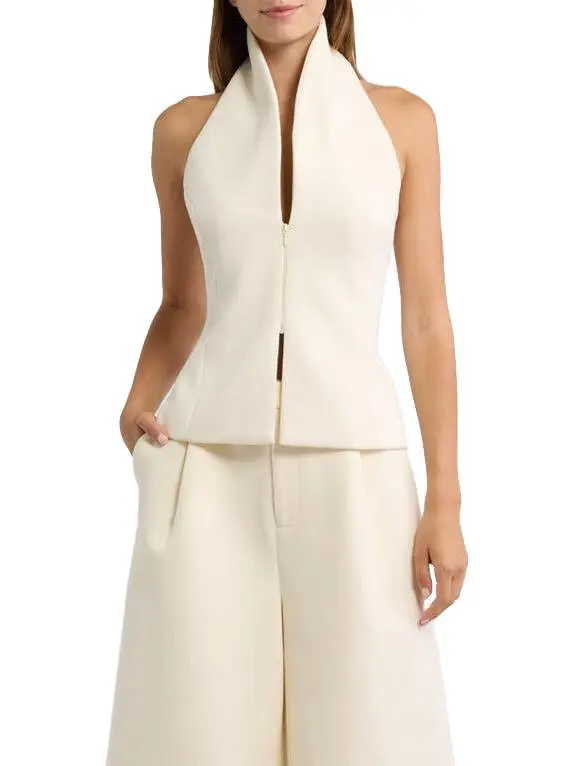 Oddmuse Halter Neck Zip-up Top With Shawl Collar - Ecru