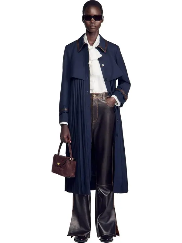 Sandro Trench Coat With Pleated Leather Collar - Navy Blue