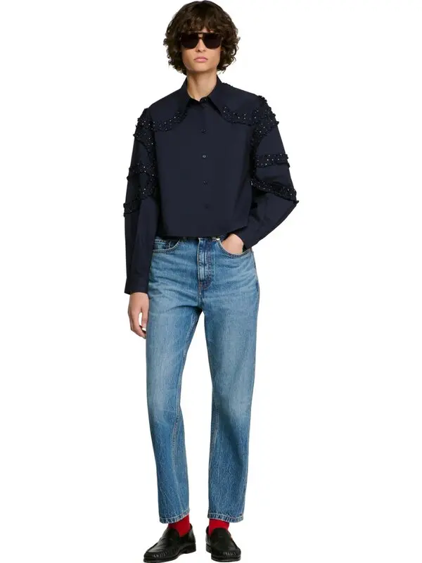 Sandro Gathered Rhinestone Cotton Shirt - Navy Blue