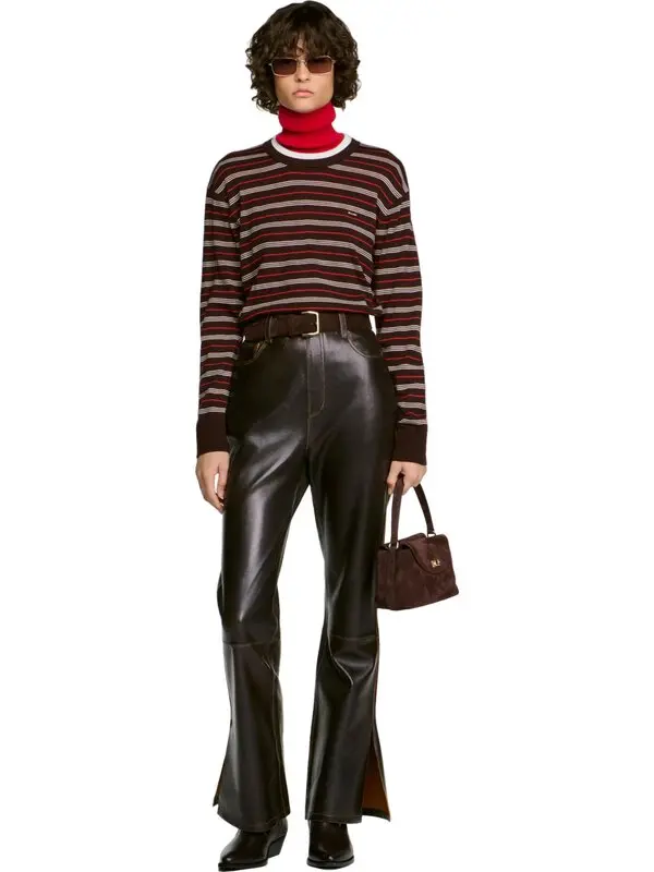 Sandro Distressed Leather Flared Trousers With Hem Slits - Brown