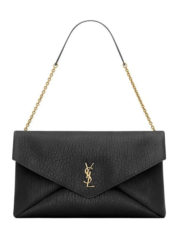 Saint Laurent Cassandre Large Pouch On Chain In Lambskin - Black