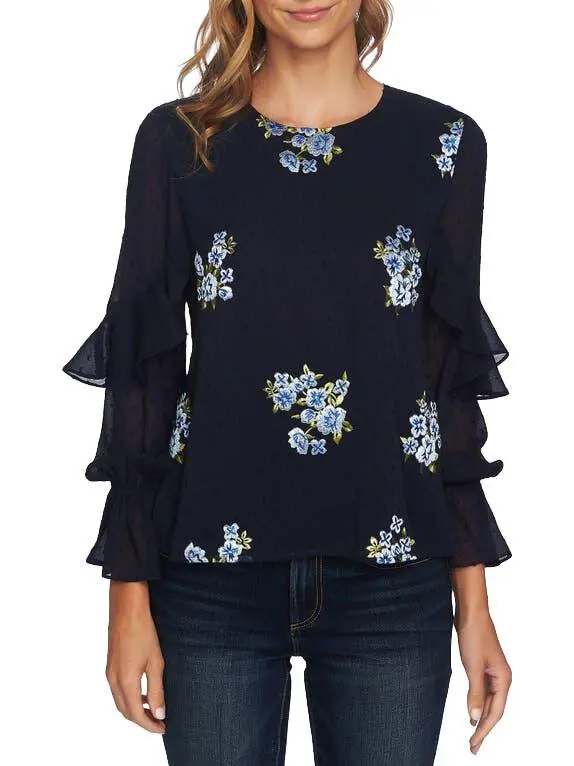 CECE DUPRAZ Embroidered Ruffle Top - Caviar