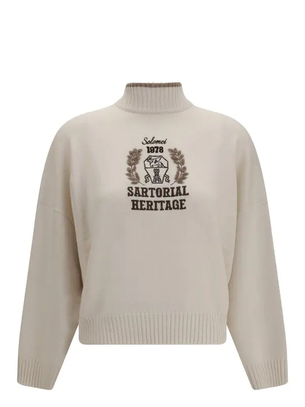 Brunello Cucinelli High Neck Sweater With Embroidered Graphic - White
