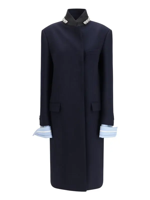 Prada Double Wool Coat With Embellished Collar - Blue