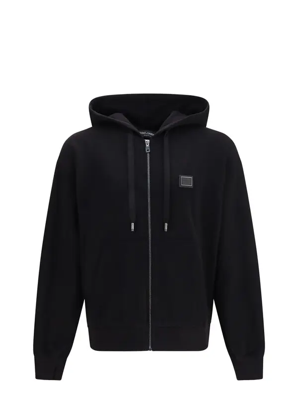 Dolce & Gabbana Cotton Hooded Sweatshirt With Dg Plaque - Black